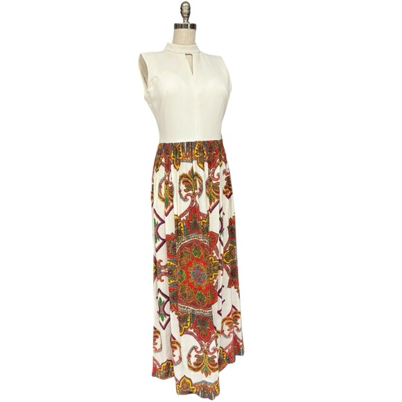Vintage | Skirts | Vintage Mod Maxi Dress White Top Multicolor Paisley ...